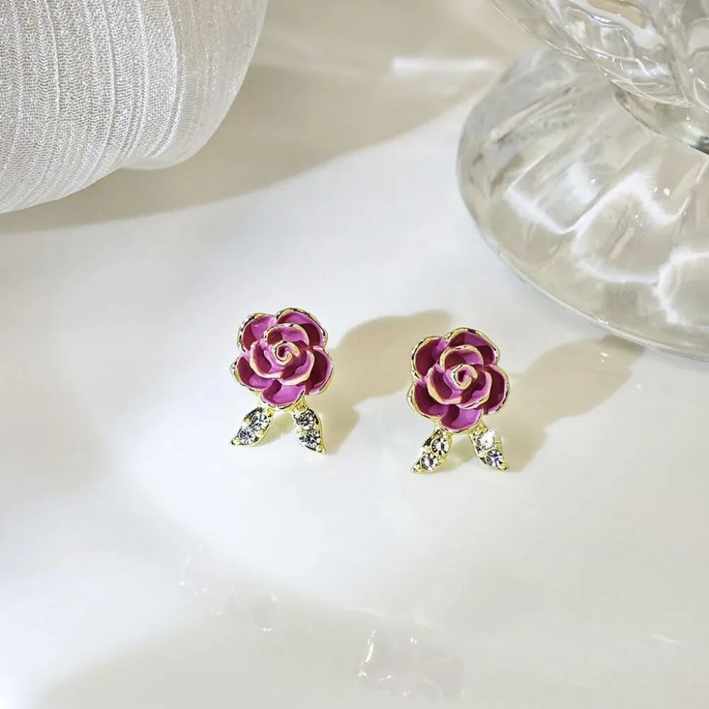 Jewelry | Purple Rose Earrings With Cubic Zirconia And Leaf Design For ...